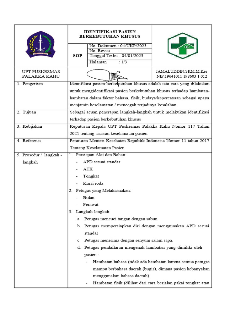 3.1.1.a.2 Sop Identifikasi Dan Pemenuhan Kebutuhan Pasien Dengan Resiko, Kendala, Dan Kebutuhan ...