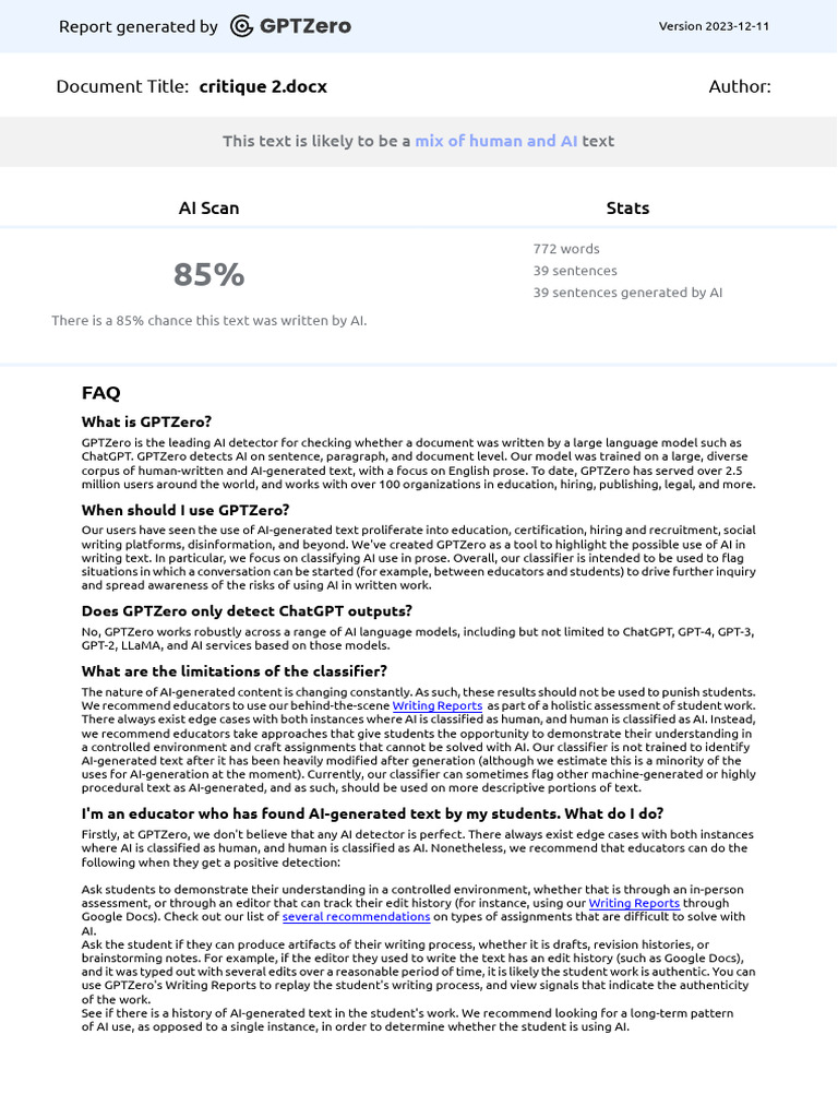 GPTZero AI Scan - Critique 2 | Download Free PDF | Artificial ...