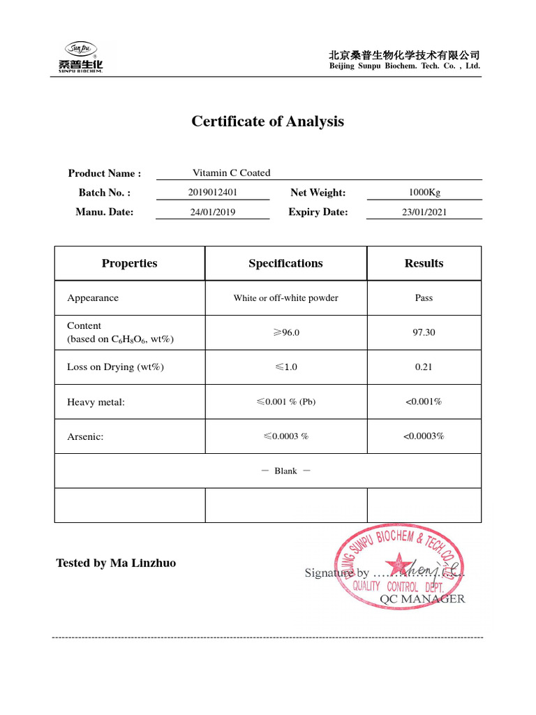 COA of Vitamin C Coated 201901 Ex Beijing Sunpu For Reference | PDF