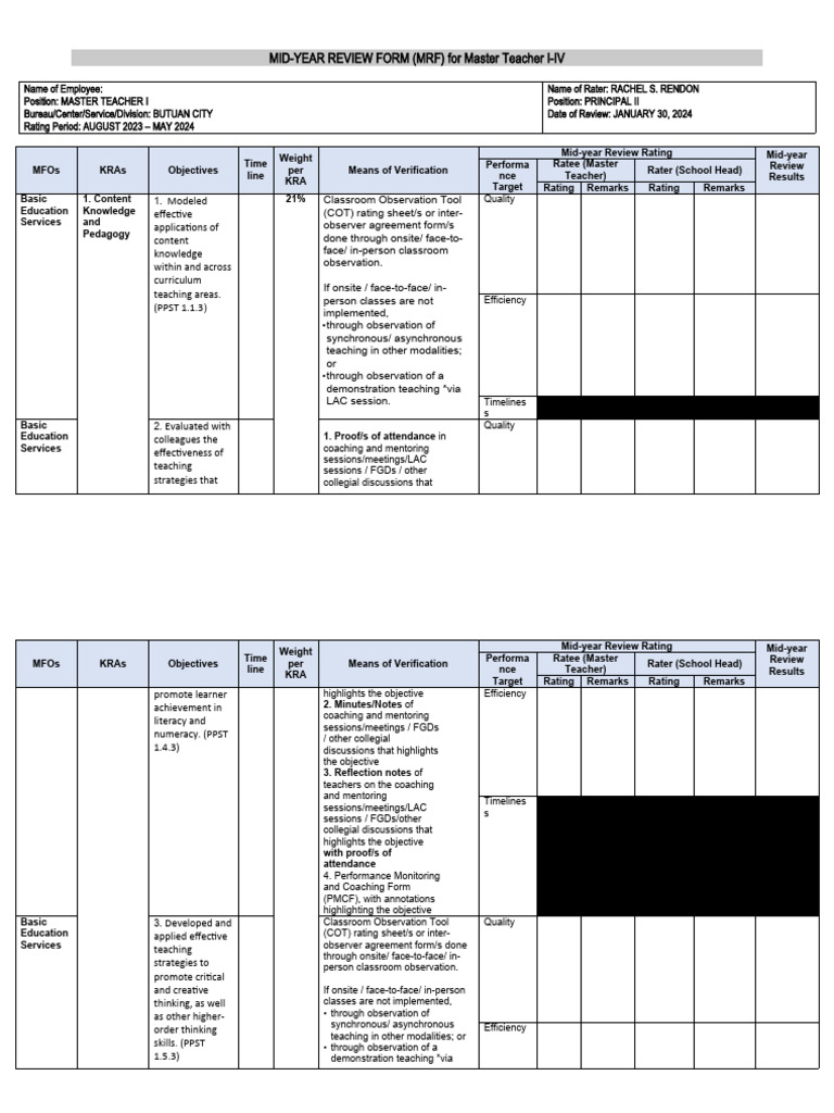 Mid Year Review FormMT 2023 2024 | PDF | Mentorship | Teachers