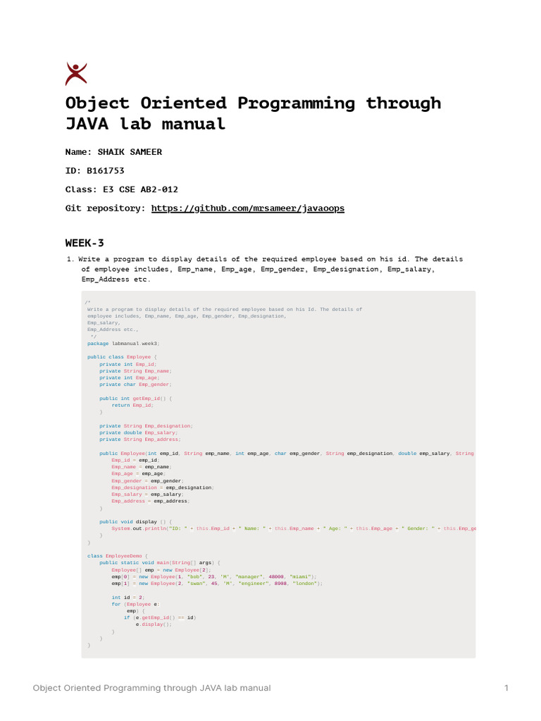 B161753 - Shaik Sameer - Oops - Week3 PDF | PDF | Object (Computer Science) | Information Technology