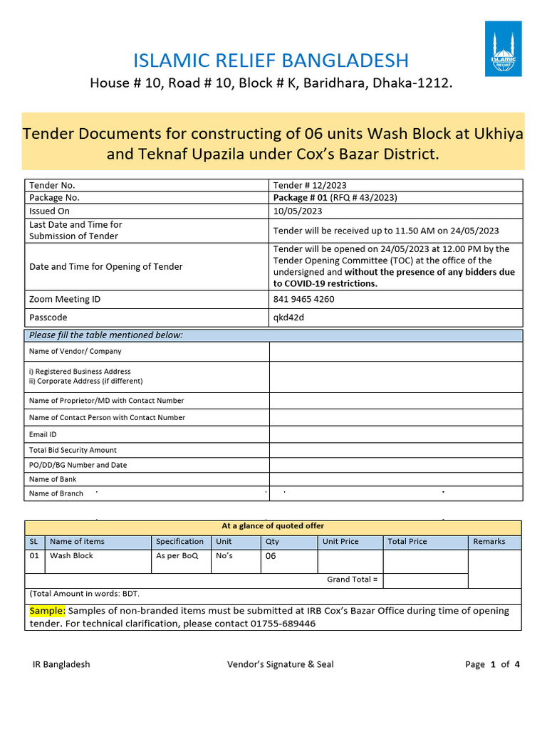 Tender for Wash Block Construction | PDF | Pipe (Fluid Conveyance) | Wall