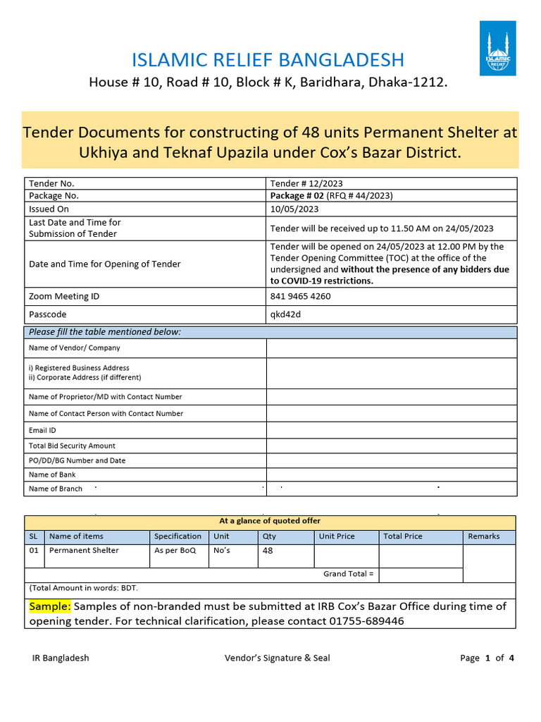 Package 02 of Tender 12 in 2023, Shelter | PDF | Cement | Concrete