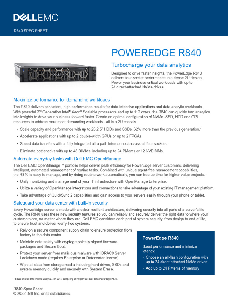 Dell EMC PowerEdge R840 14G Spec Sheet | PDF | Solid State Drive | Hard ...