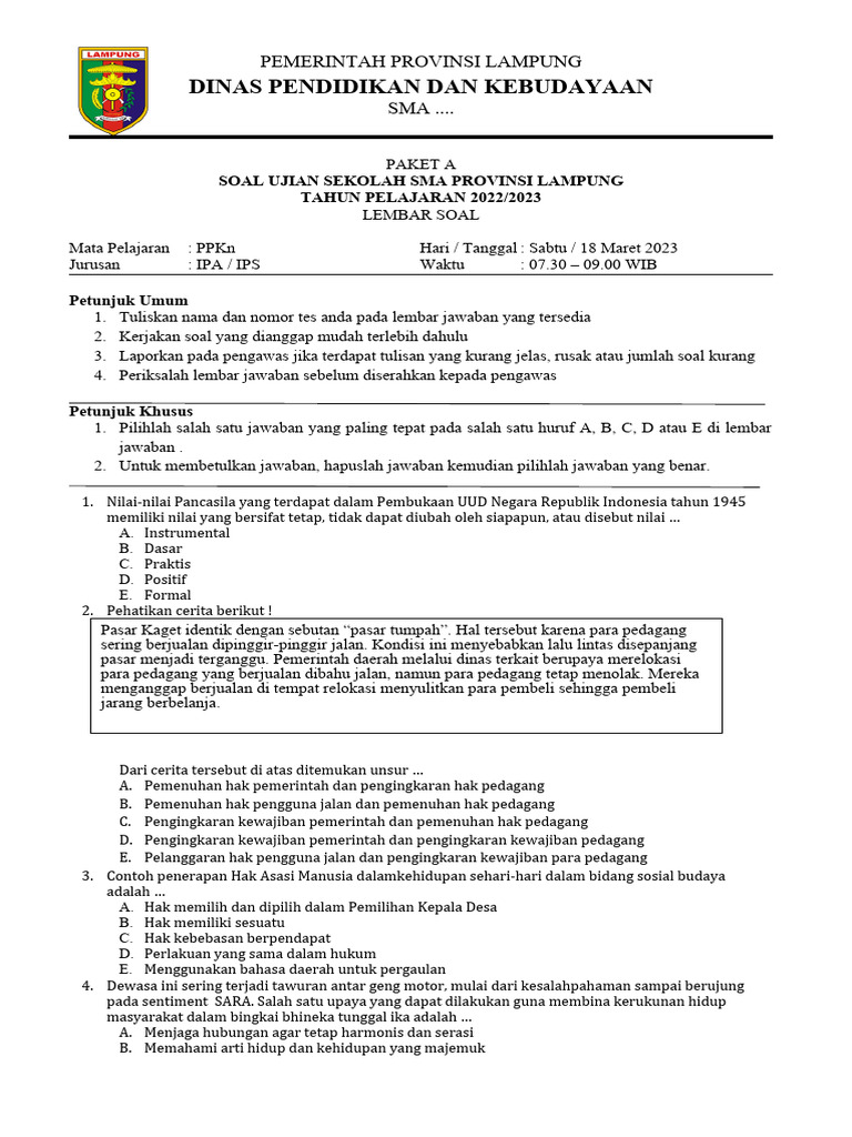 2 SOAL US PPKN SMA PAKET 1 2023 | PDF