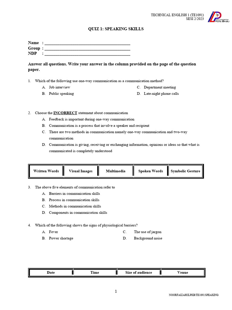 Quiz 1 - Speaking | PDF | Communication | Nonverbal Communication