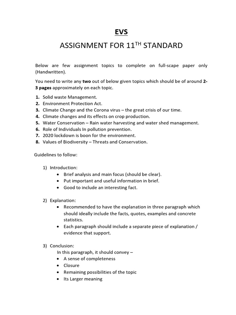 11th Grade EVS Assignment Topics | PDF