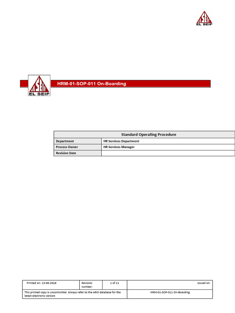 HRM 01 SOP 011 On Boarding | PDF | Employment | Human Resource Management