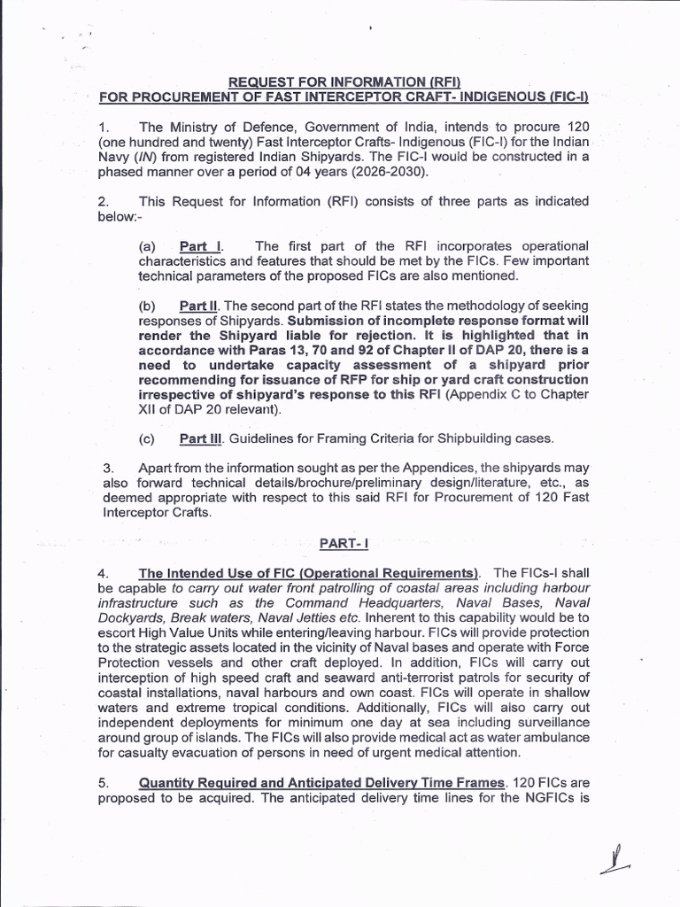Indian Navy RFI For FIC - I | PDF