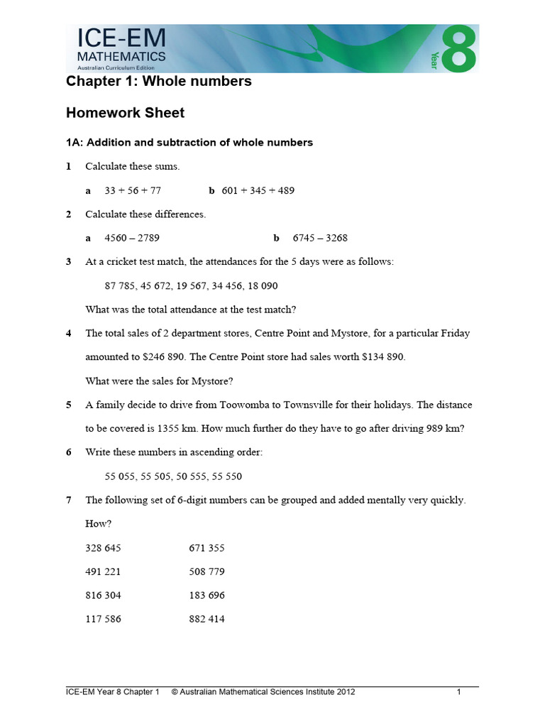 Year 8 Whole Numbers Homework | PDF | Elementary Mathematics | Mathematics
