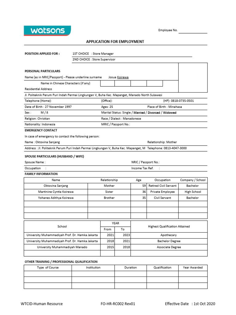 Form Recruitment HR Watsons | PDF