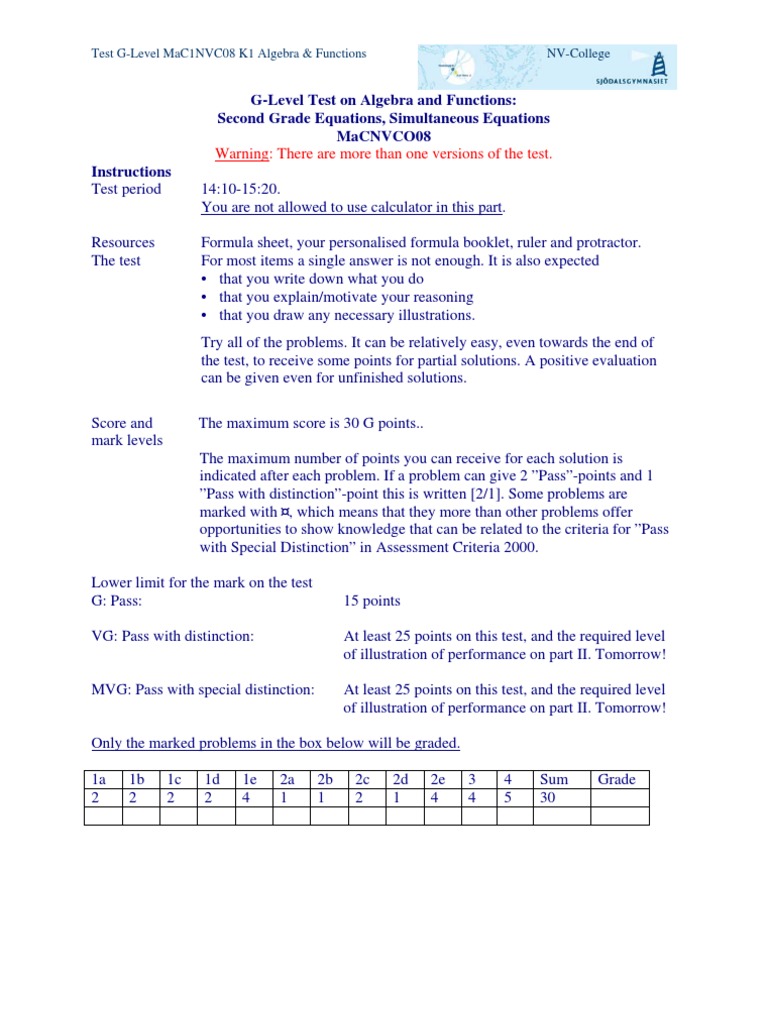G-Level Test On Algebra and Functions: Second Grade Equations ...