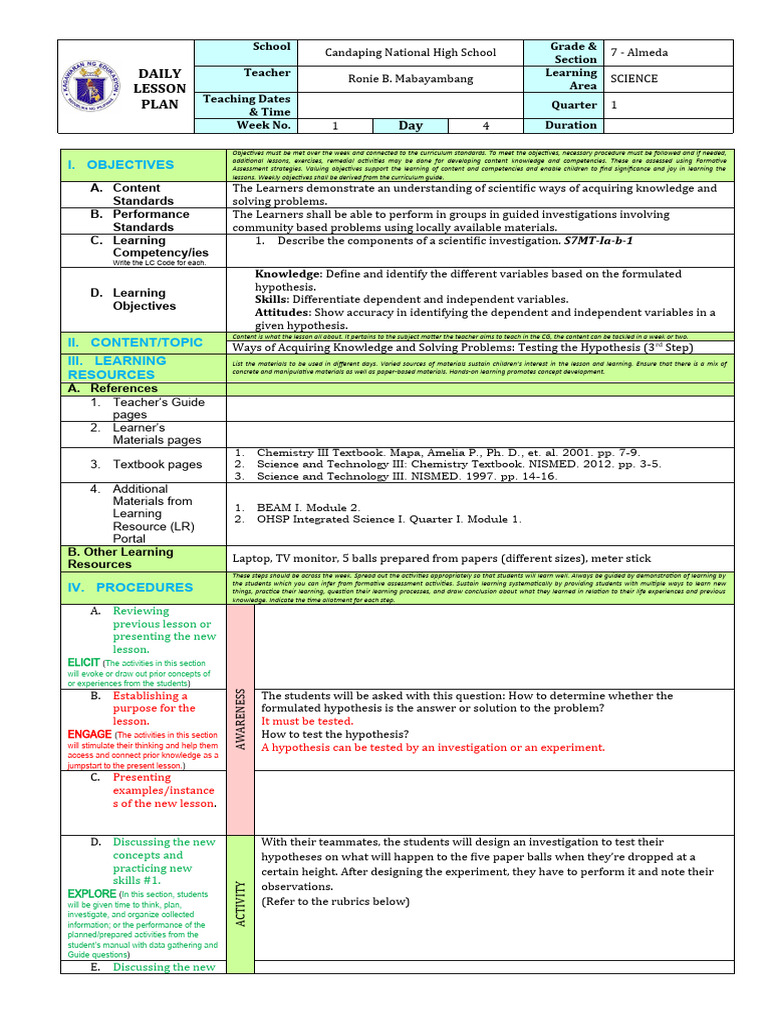 Science 7 DLP Q1W1D4 | PDF | Experiment | Learning