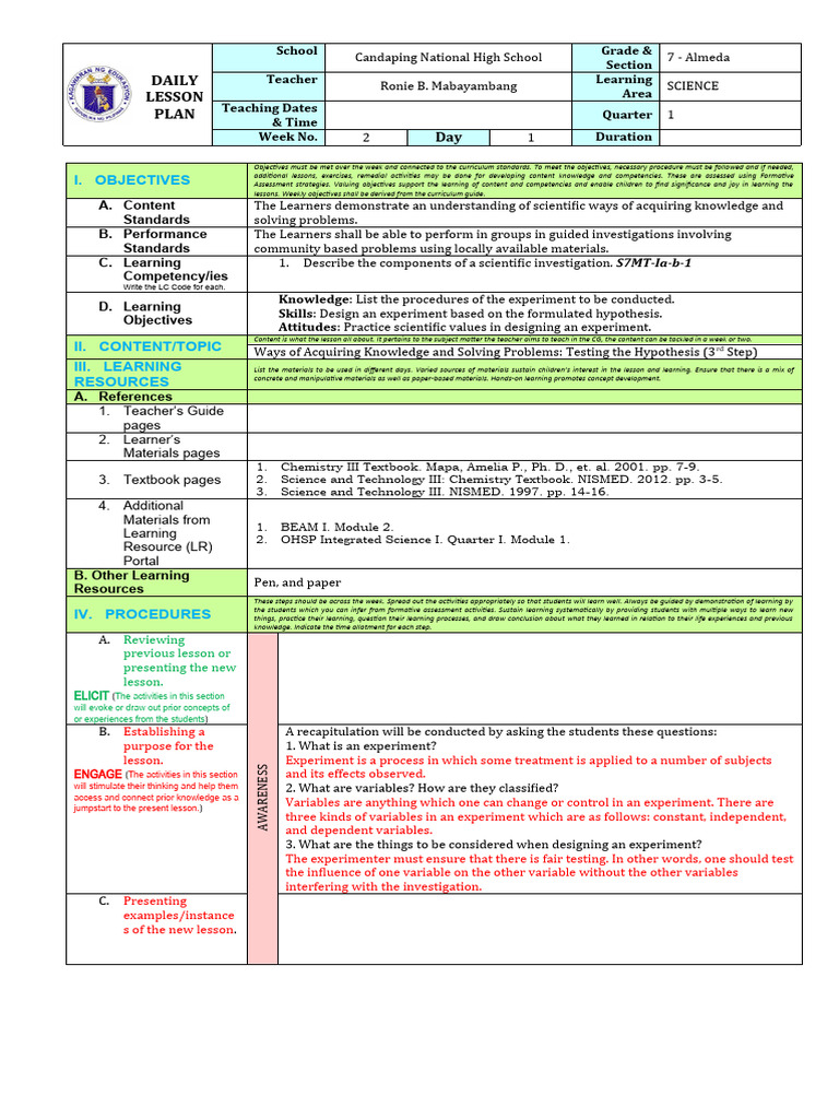 Science 7 DLP Q1W2D1 | PDF | Learning | Experiment