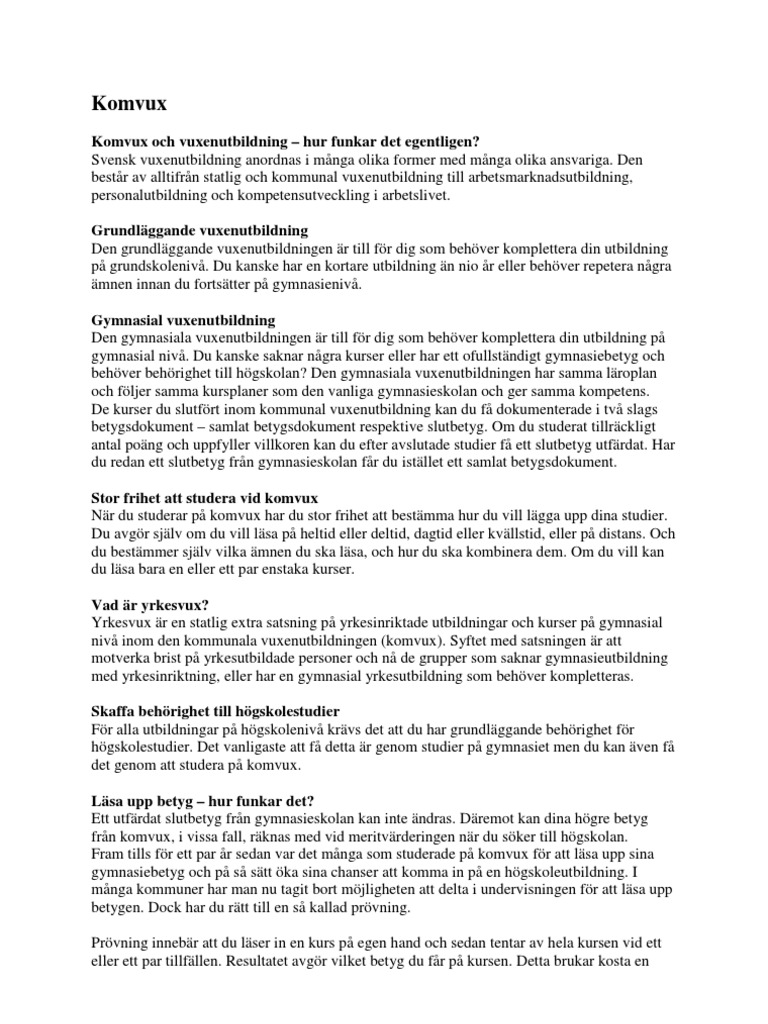 Komvux Och Vuxenutbildning | PDF