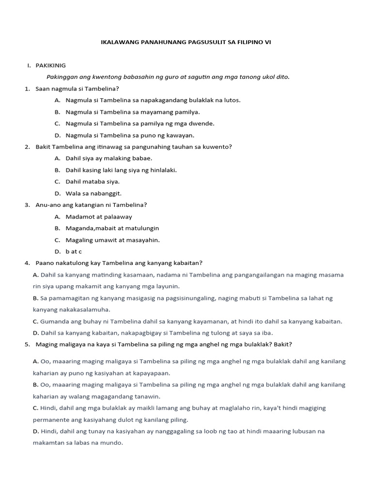 SECOND PERIODICAL TEST IN Filipino VI - Final | PDF