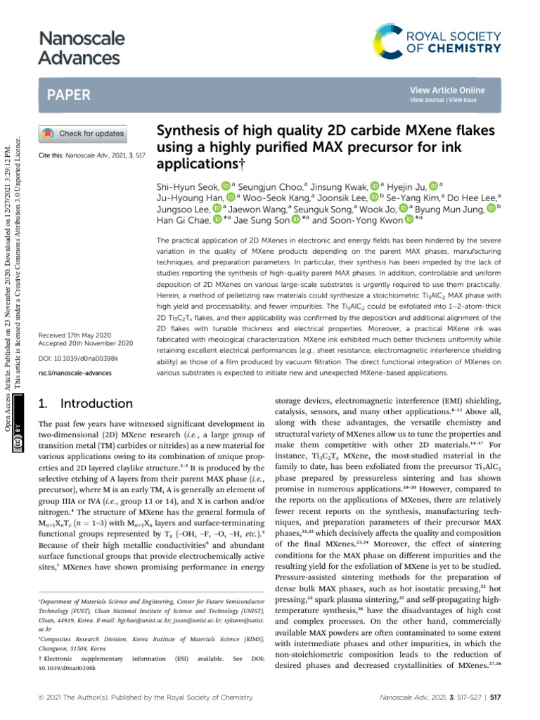 Synthesis of high quality 2D carbide MXene flakes using a highly ...