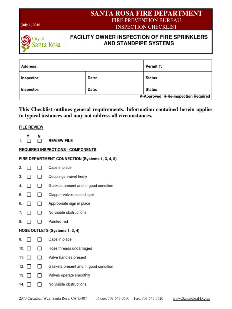 Fire Sprinklers and Standpipe System Facility Owner Inspection ...