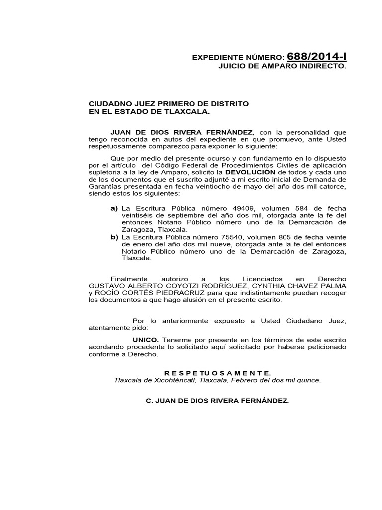 Escrito Solicitando Devolución de Documentos Amparo Juan de Dios Rivera Fernández. | PDF