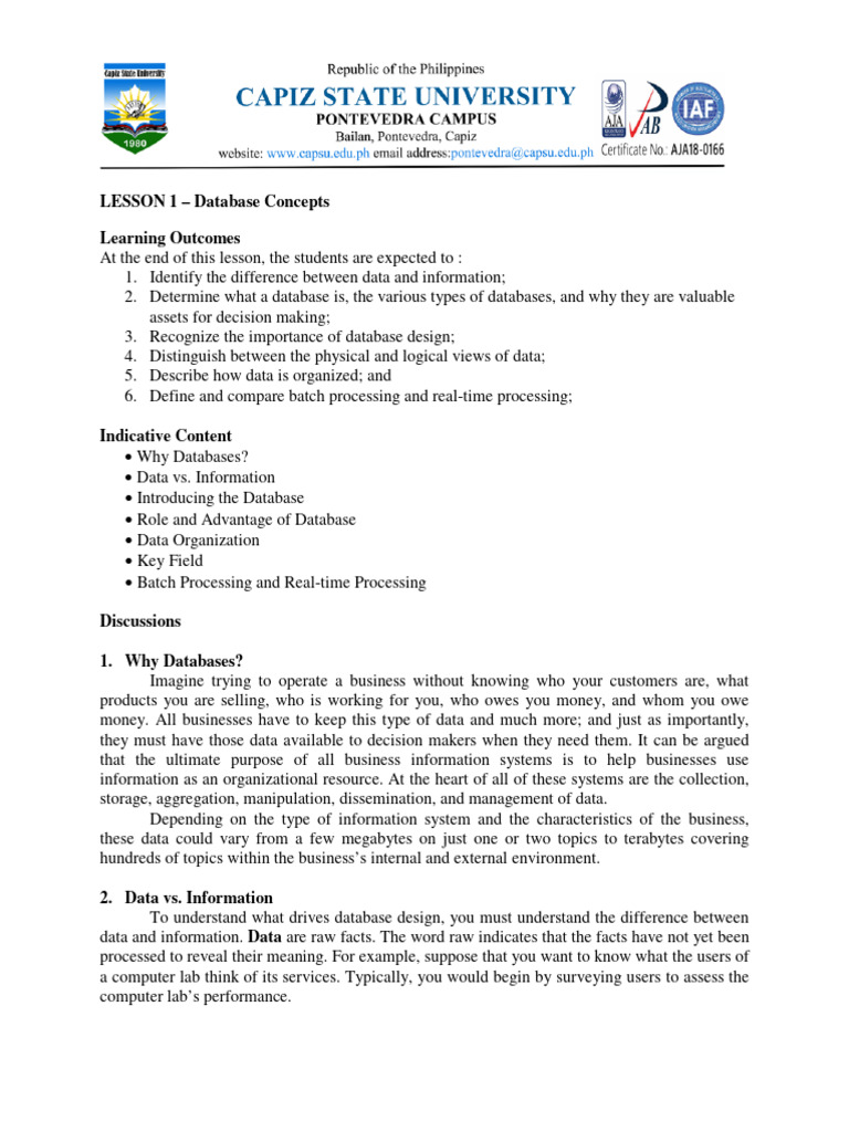LESSON 1 Information Management | PDF | Databases | Metadata