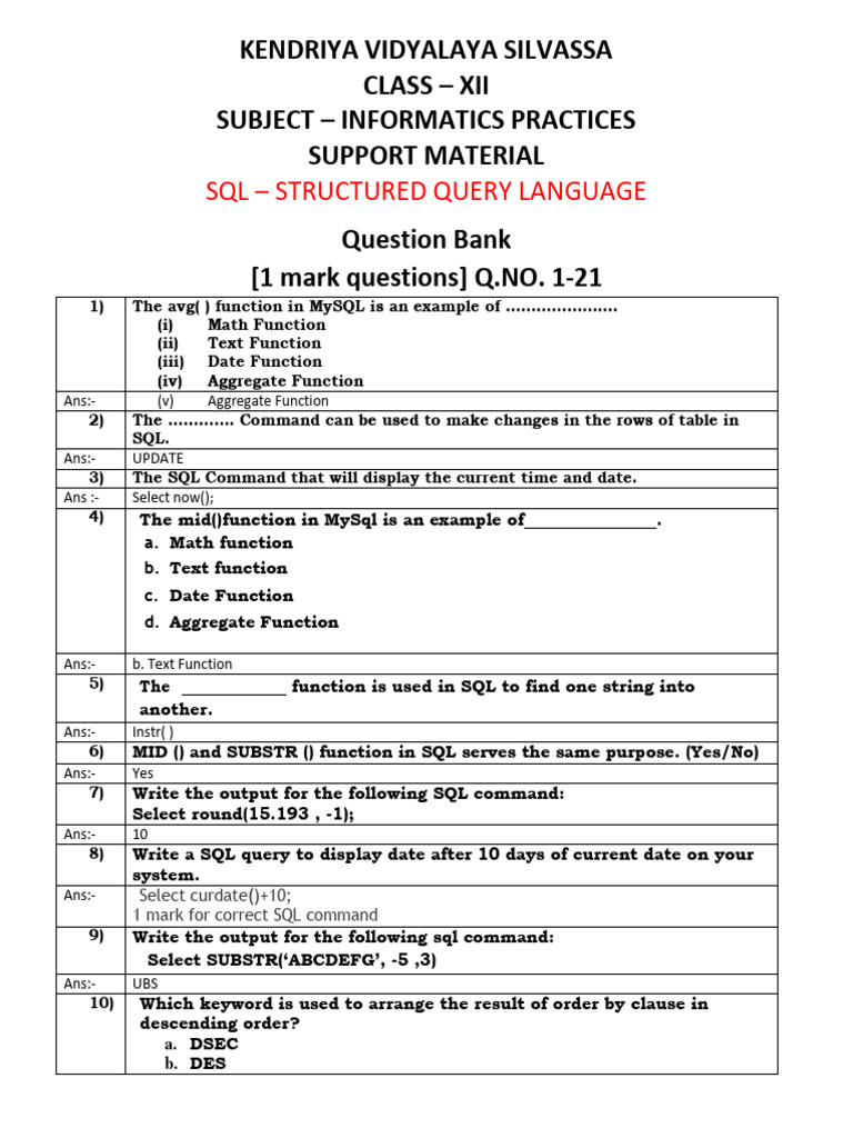 Xii Ip Support Material | Download Free PDF | Table (Database) | Sql