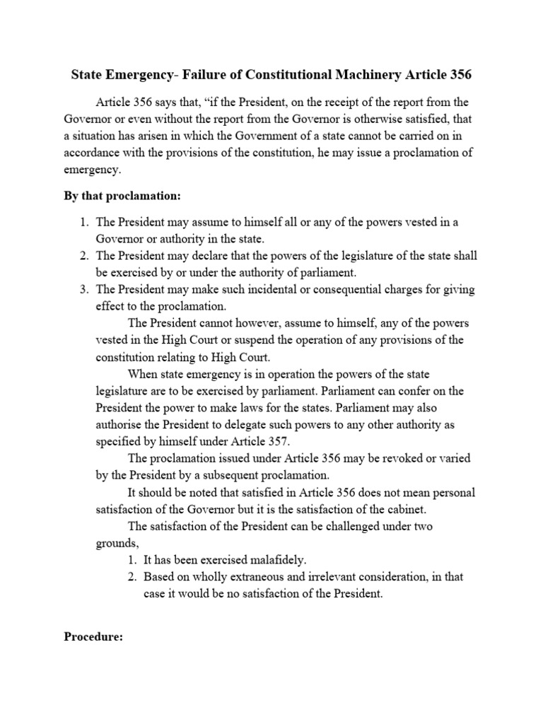 State Emergency - Article 356 | PDF | State Of Emergency | Justice