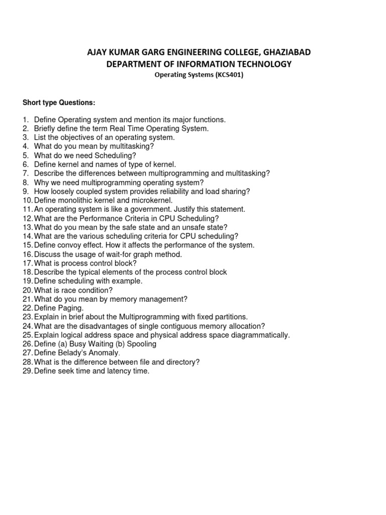 KCS401 - OS - Final Question Bank | PDF | Scheduling (Computing) | Kernel (Operating System)
