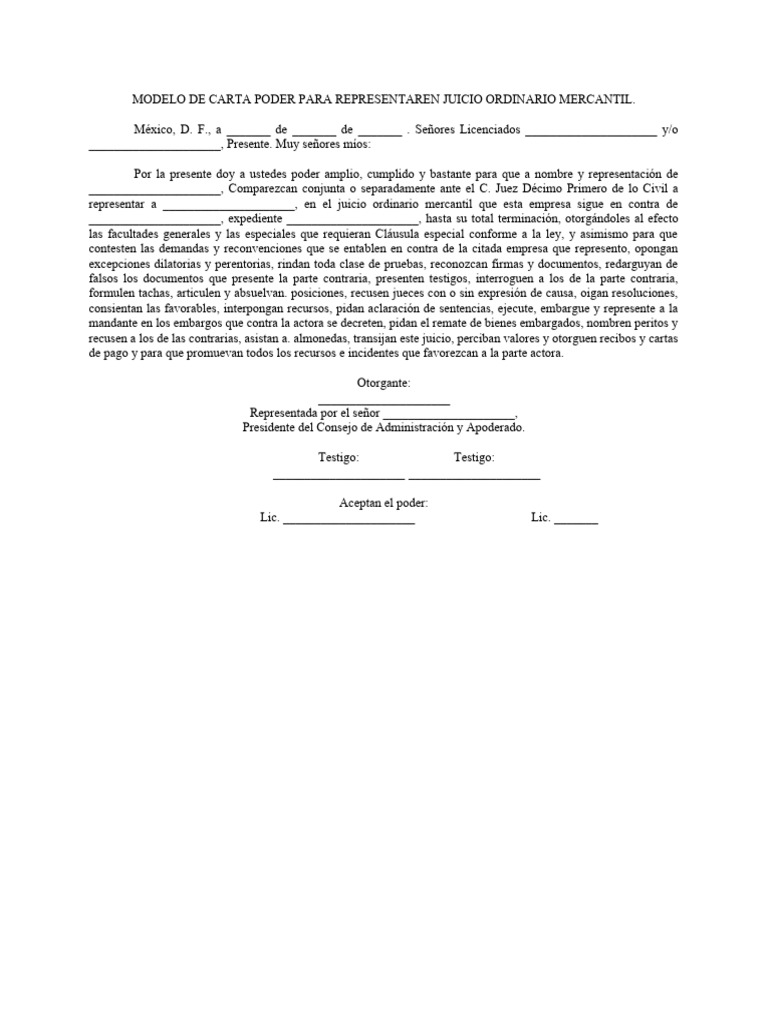 MODELO DE CARTA PODER PARA REPRESENTAREN JUICIO ORDINARIO MERCANTIL | PDF