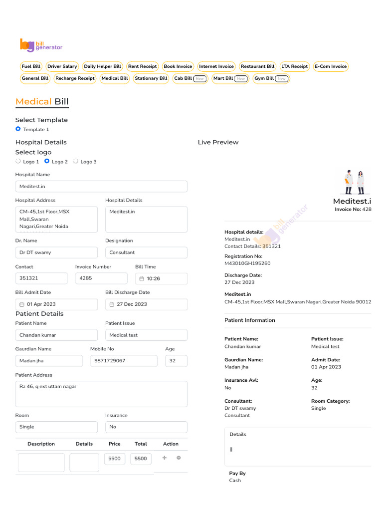 Online Medical Bill Generator | PDF