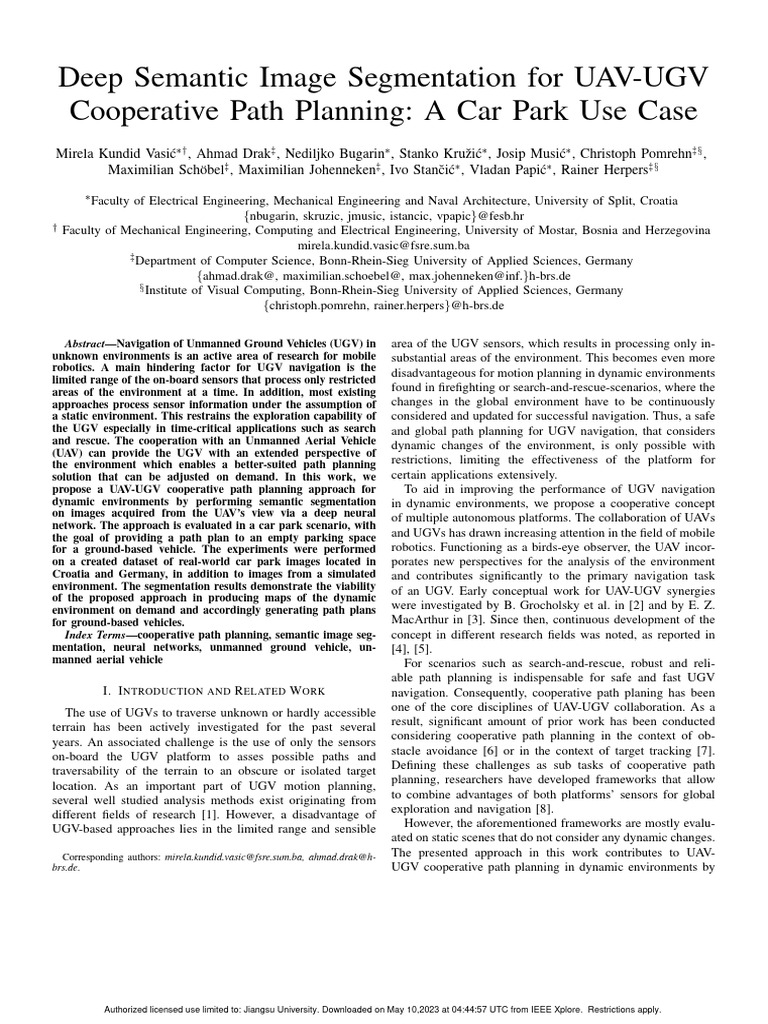 Deep Semantic Image Segmentation For UAV-UGV Cooperative Path Planning A Car Park Use Case | PDF