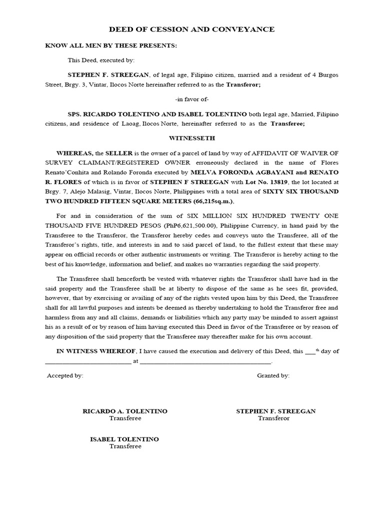 DEED OF CESSION AND CONVEYANCE - LOT RICARDO TOLENTINO AND ISABELITA ...