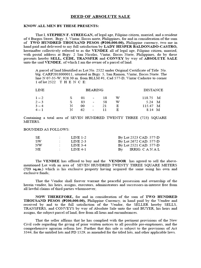 DEED OF ABSOLUTE SALE LOT 2522 (200k) | PDF | Civil Law (Legal System ...