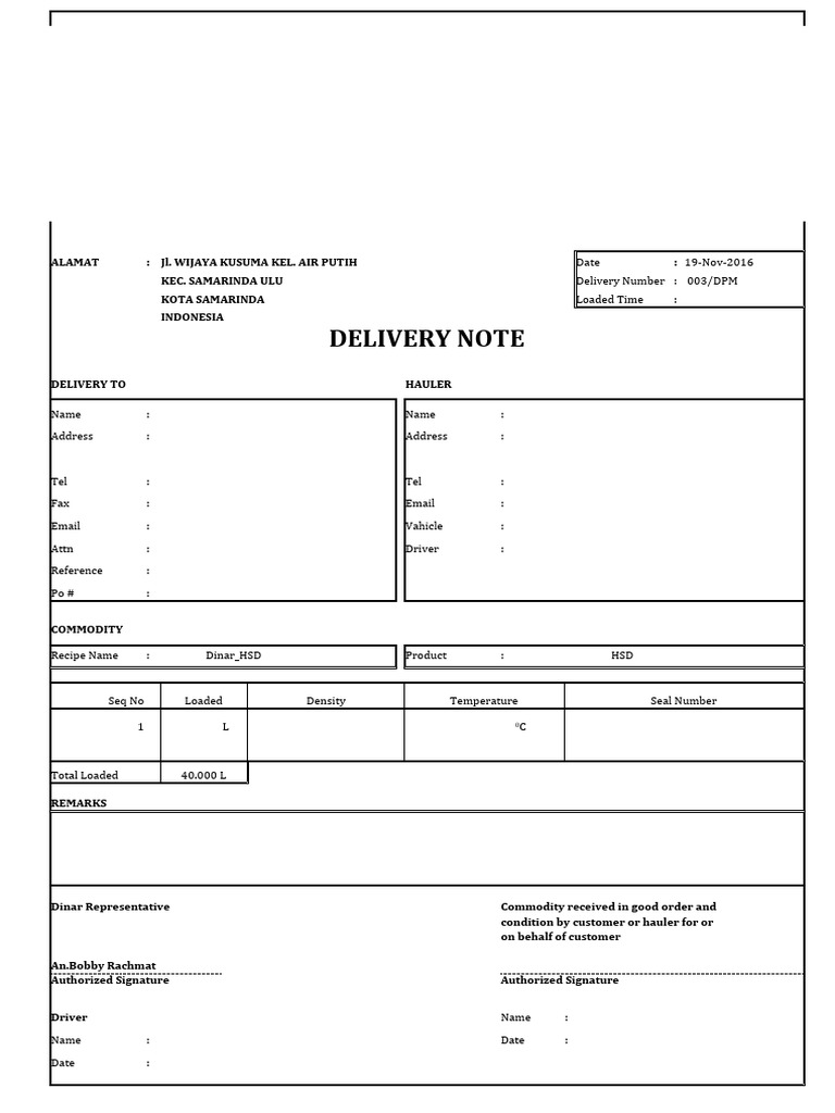 Ok Delivery Note & Receipt Bunker Pt Dinar Pulihkan | PDF