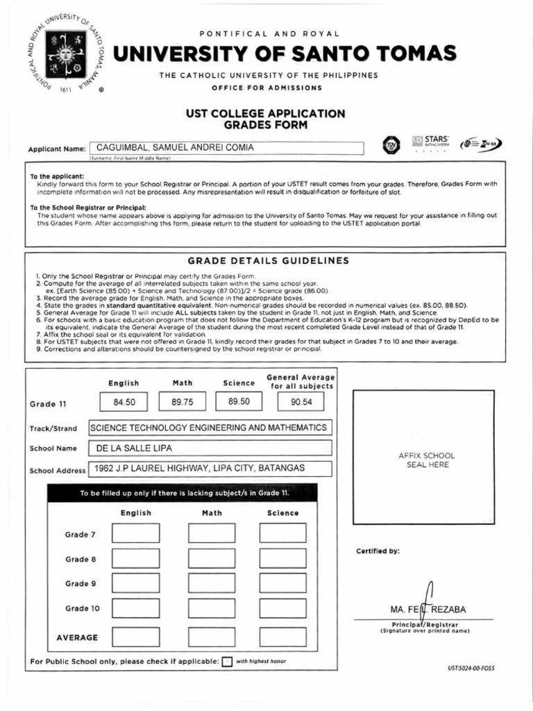 Ustet Application Grades Form | PDF