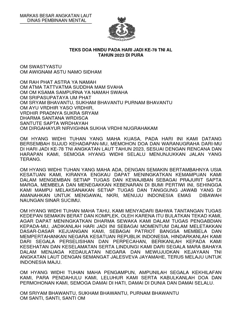 Naskah Doa Hut Ke 78 Tni Al 2023 | PDF | Politik | Agama & Spiritualitas