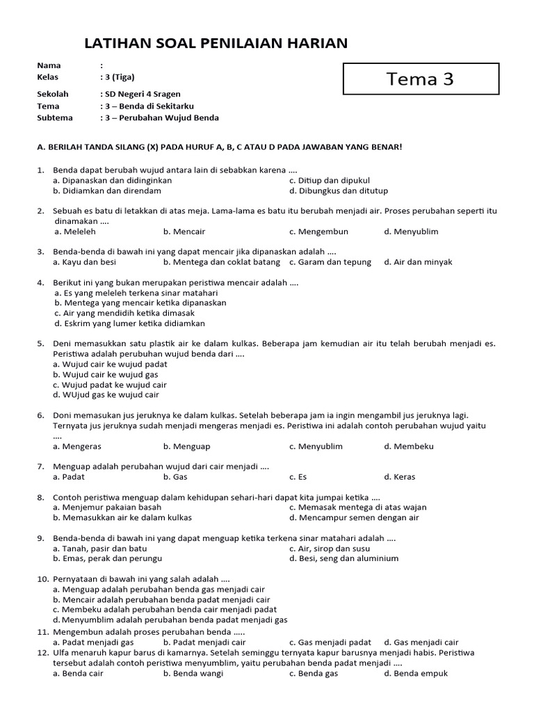 LATIHAN SOAL PENILAIAN HARIAN Tema 3 Sub Tema 3 Kelas 3C | PDF