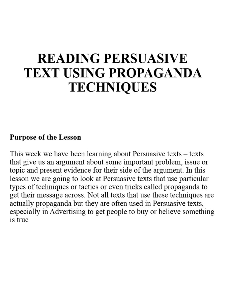 LESSON 15.READING PERSUASIVE TEXT USING PROPAGANDA TECHNIQUES | PDF ...