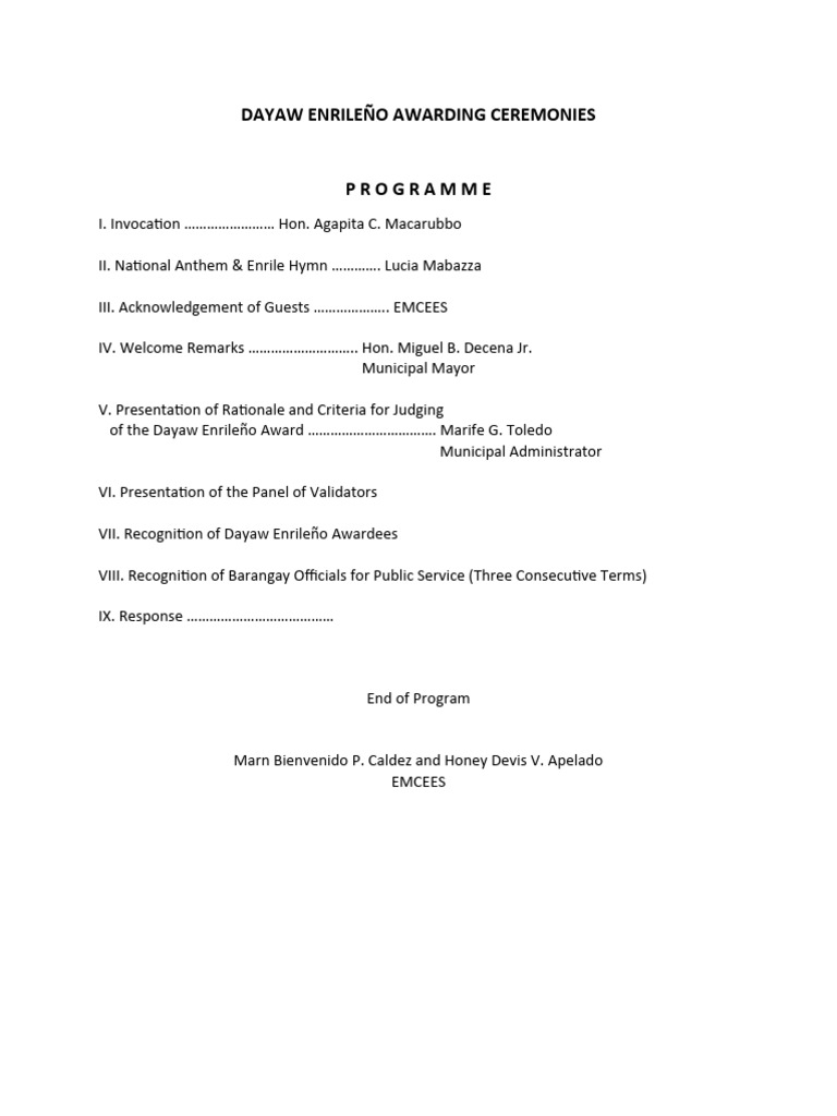 Dayaw Enrileño Award Ceremony Program | PDF