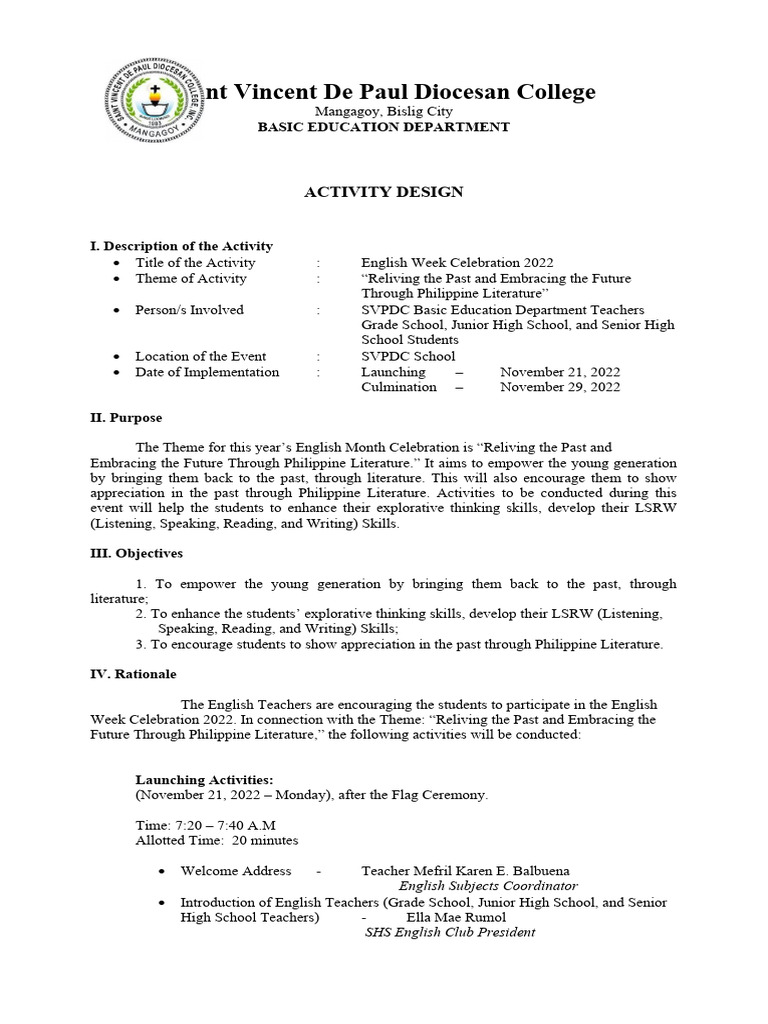 Activity Design For Eng. Week Celebration 2022 | PDF