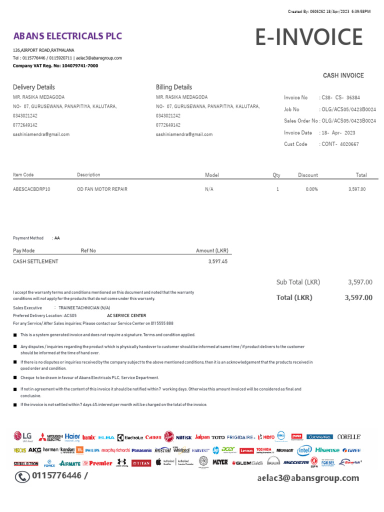 E-Invoice: Abans Electricals PLC | PDF | Manufactured Goods | Electricity