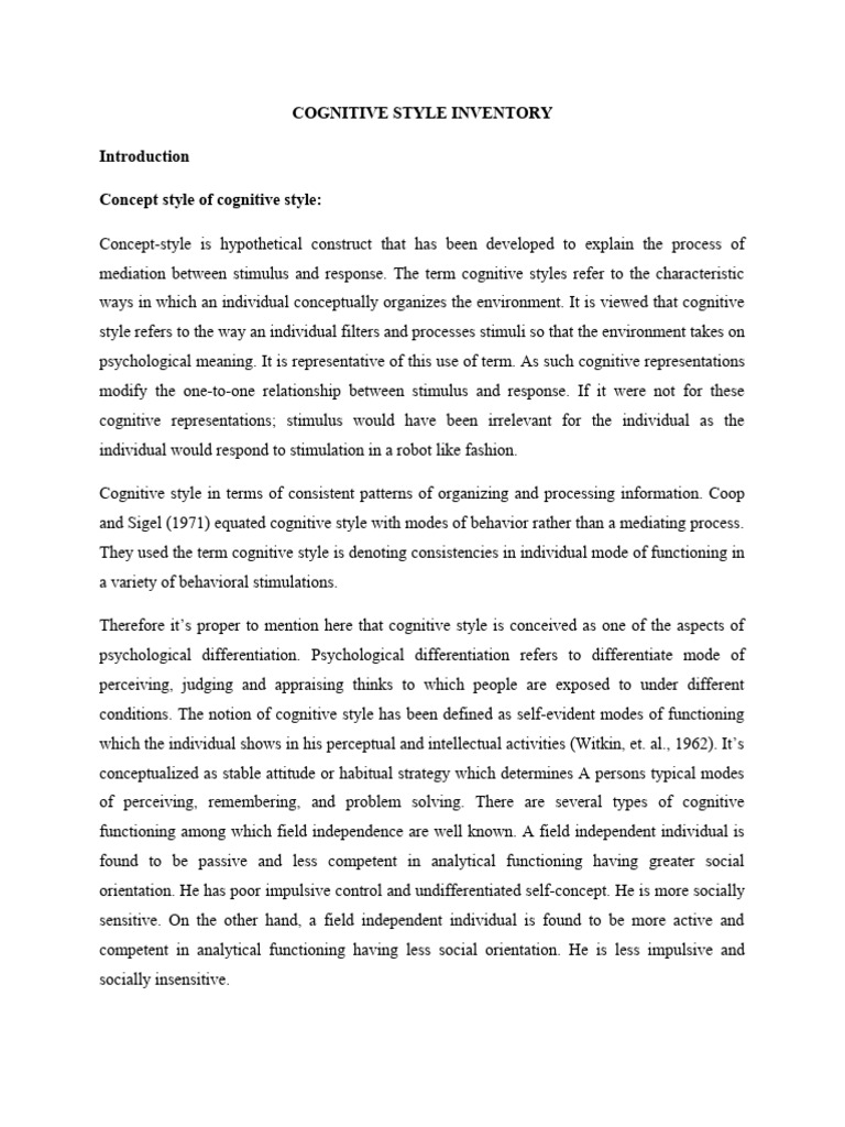 Expt 2_Cognitive style inventory_methodology (1) | PDF | Cognition ...