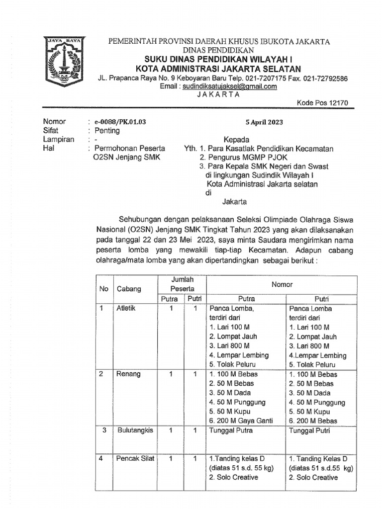 (Cap) Permohonan Peserta O2sn Jenjang SMK | PDF