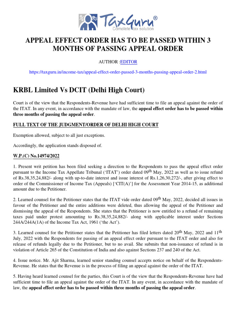 Appeal Effect Order Has To Be Passed Within 3 Months of Passing Appeal ...