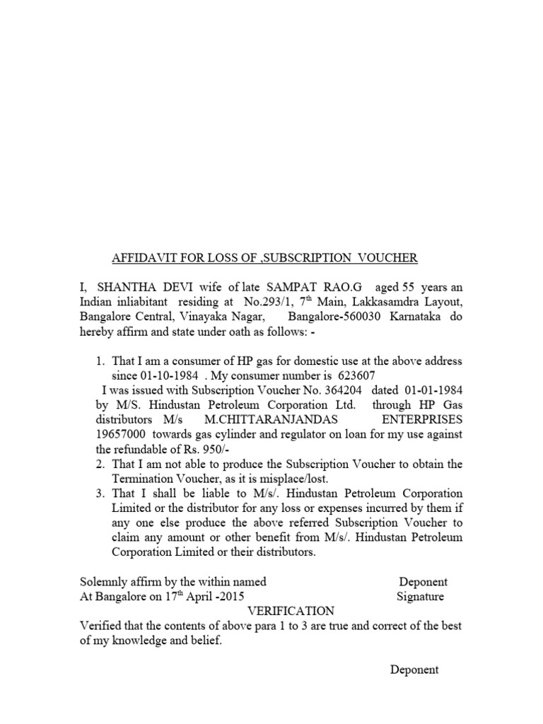Affidavit for Lost HP Gas Voucher | PDF | Finance & Money Management | Law