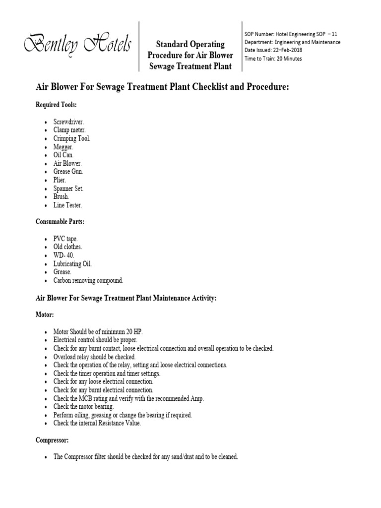 Air Blower SOP for Sewage Treatment | PDF | Bearing (Mechanical) | Relay
