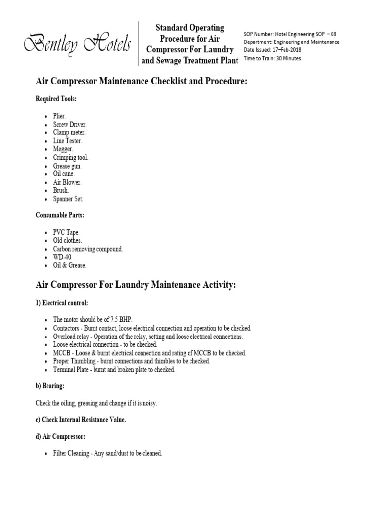 Air Compressor Maintenance SOP | PDF | Relay | Electrical Connector
