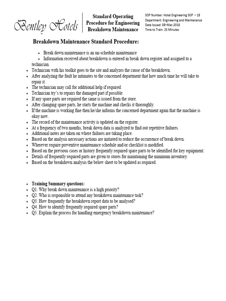 Engineering Breakdown Maintenance SOP | PDF | Computers | Technology ...