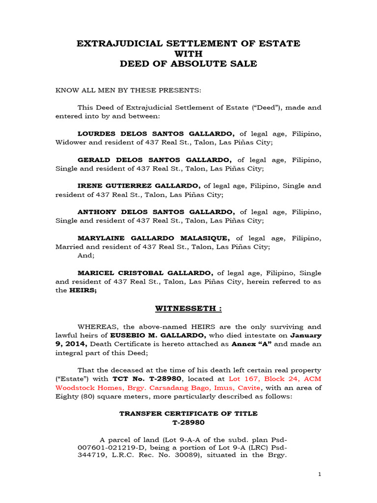 Extrajudicial Settlement of Estate With DOS Sales GALLARDO | PDF | Inheritance | Legal Documents