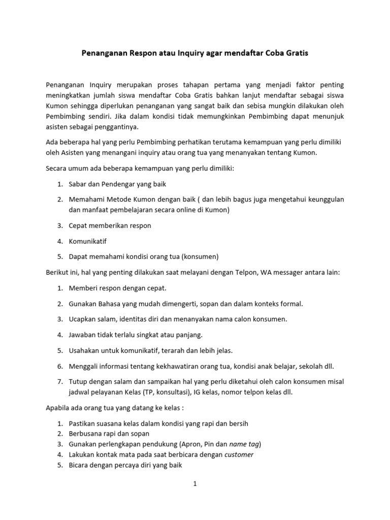 Penanganan Respon Atau Inquiry Agar Mendaftar Coba Gratis | PDF