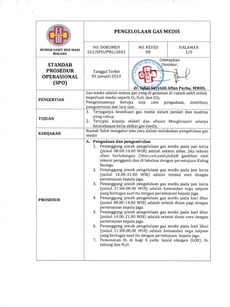 Sop Pengelolaan Gas Medis | PDF